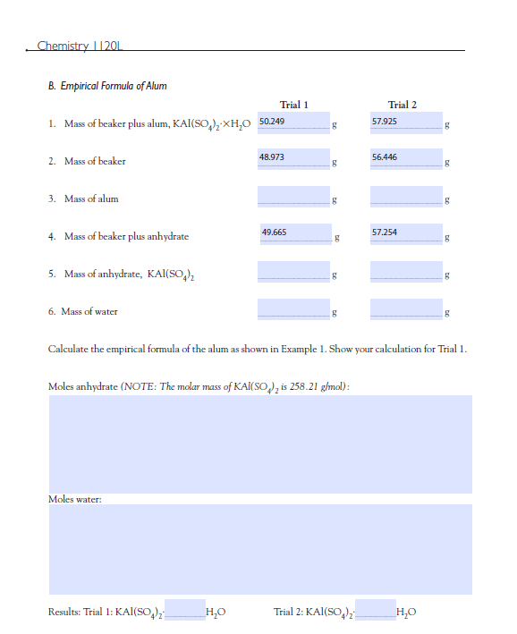 Solved Chemistry 1120L B. Empirical Formula of Alum Trial 1 | Chegg.com