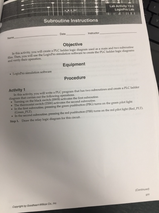Lab Activity 13-2 LogixPro Lab Subroutine | Chegg.com
