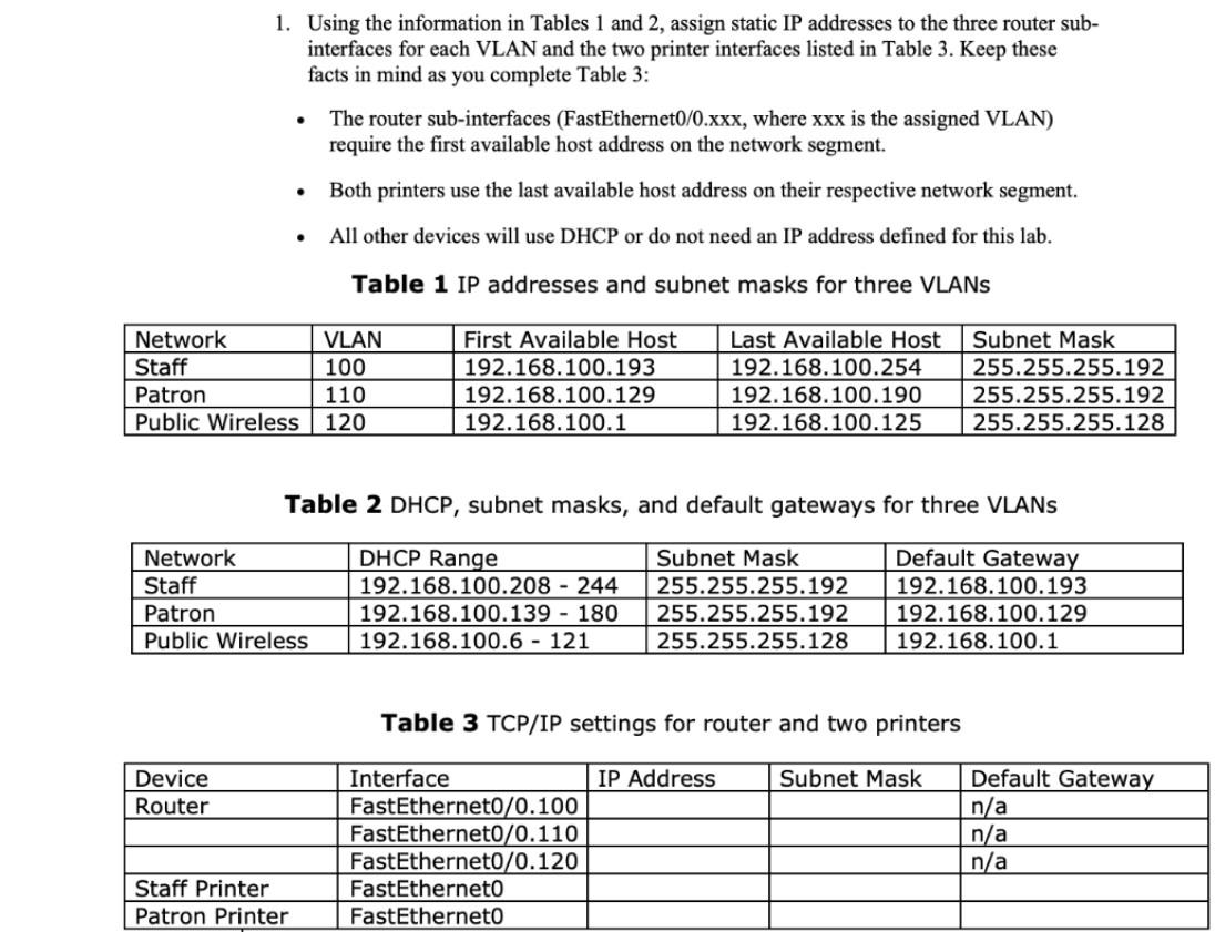 Solved 1. Using the information in Tables 1 and 2 , assign | Chegg.com