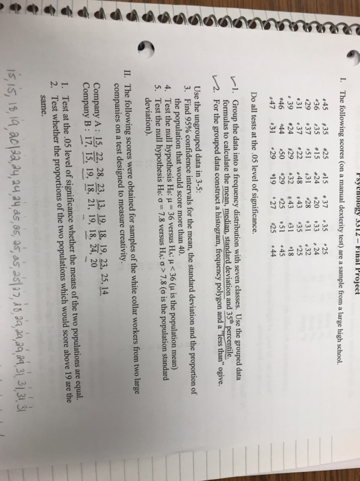 Solved I. The following scores (on a manual dexterity test) | Chegg.com