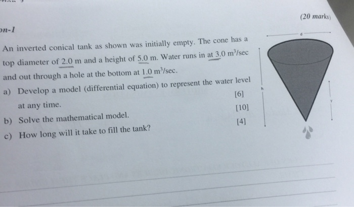 Solved (20 marks) n-1 An inverted conical tank as shown was | Chegg.com
