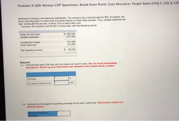 Solved Problem 5-20A Various CVP Questions: Break-Even | Chegg.com