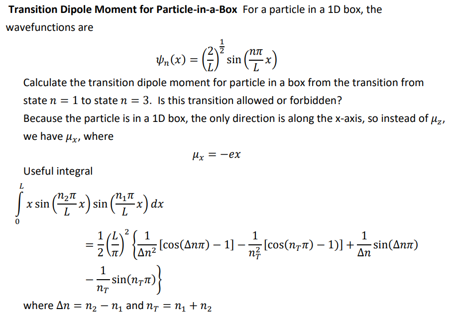 Solved Transition Dipole Moment for Particle-in-a-Box For a | Chegg.com