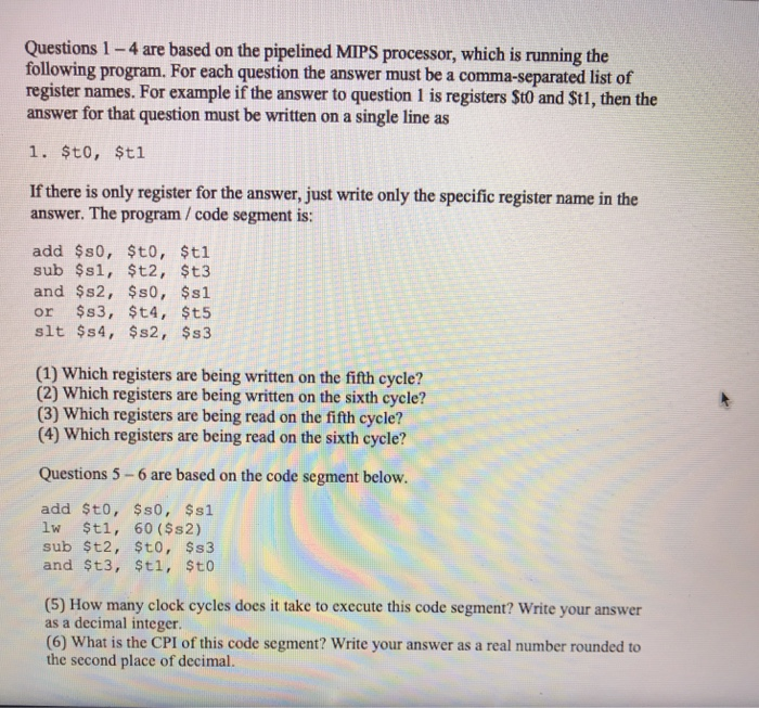 Solved Questions 1-4 are based on the pipelined MIPS | Chegg.com