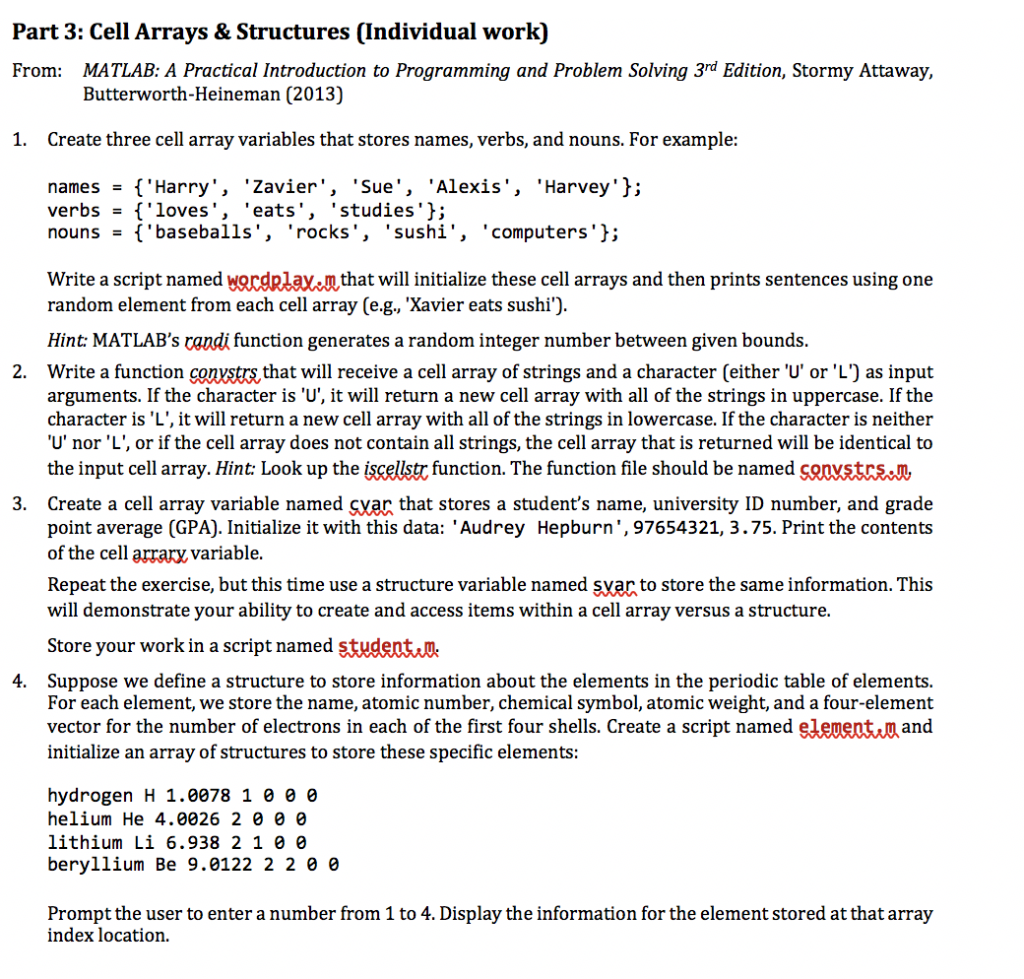Solved Part 3: Cell Arrays & Structures (Individual work) | Chegg.com
