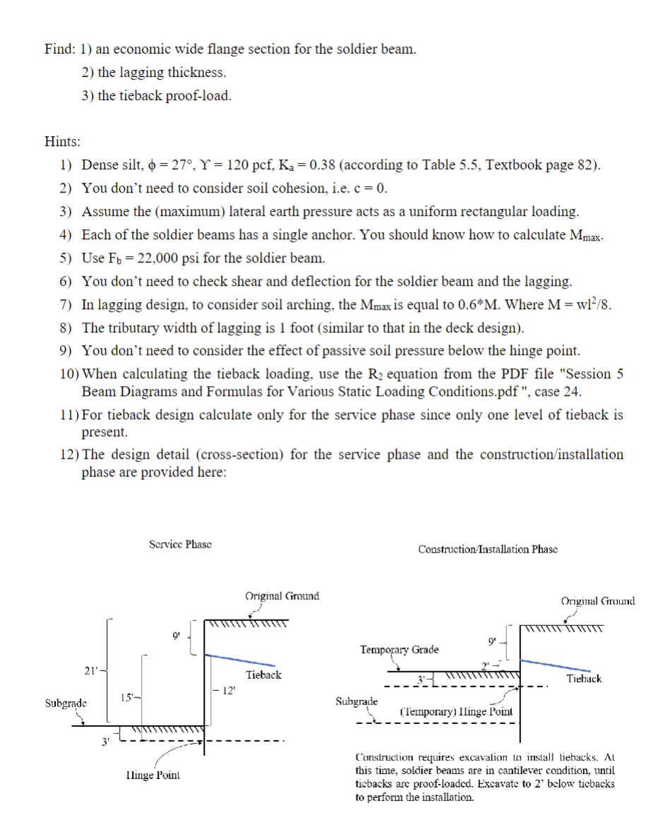 Solved Design a temporary soldier beam and lagging system to | Chegg.com