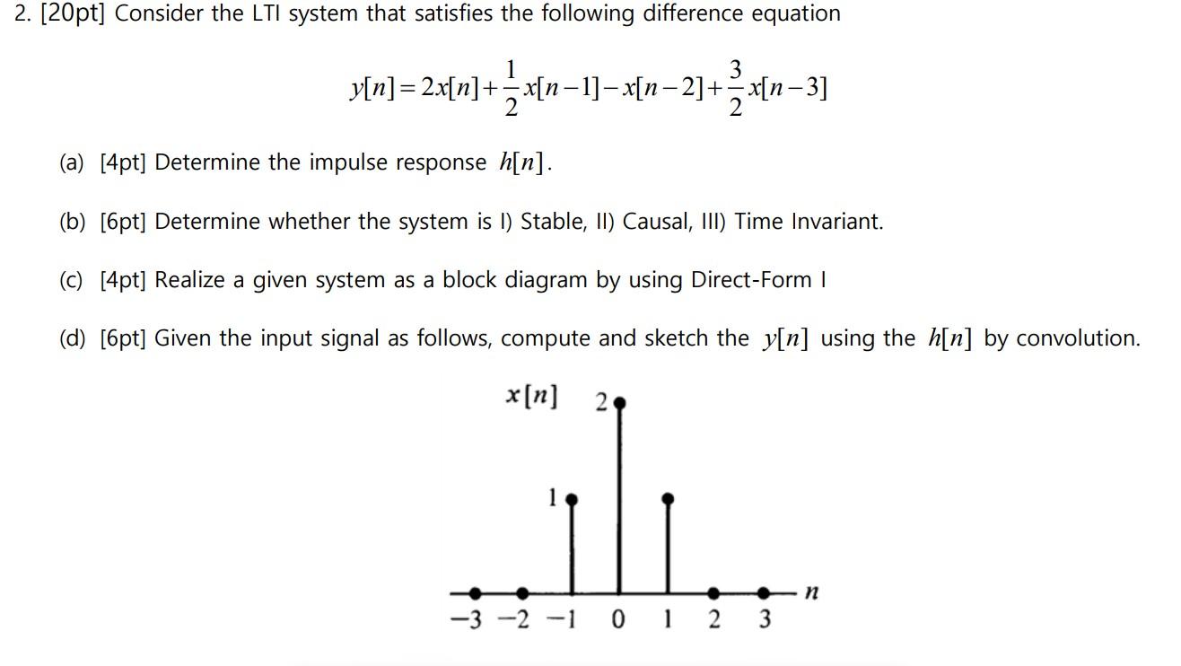 Solved y[n]=2x[n]+21x[n−1]−x[n−2]+23x[n−3] (a) [4pt] | Chegg.com