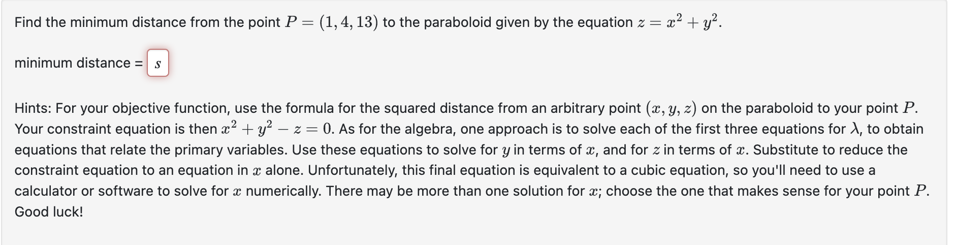 Solved Find the minimum distance from the point P=(1,4,13) | Chegg.com
