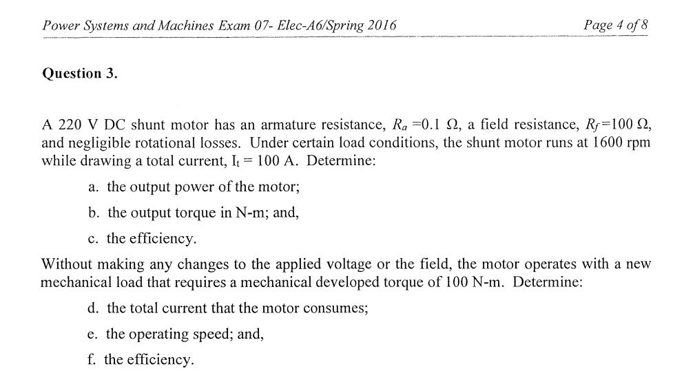 Solved Power Systems and Machines Exam 07- Elec-A6/Spring | Chegg.com