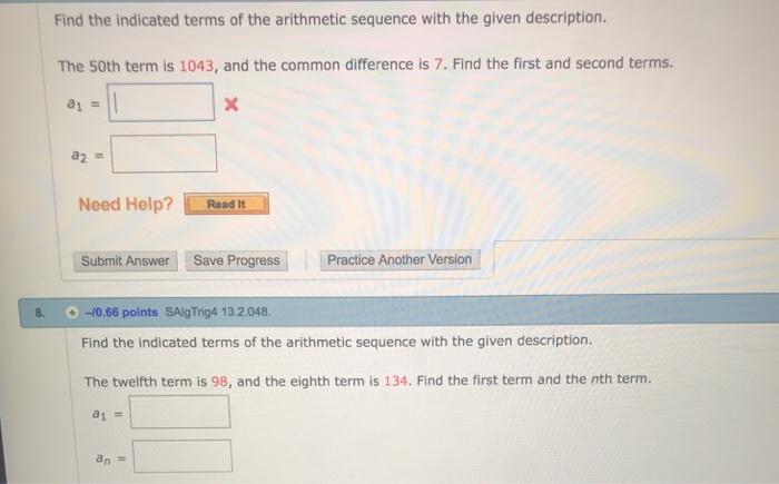 Solved Find the indicated terms of the arithmetic sequence | Chegg.com