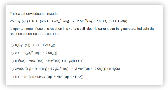 Solved The oxidation-reduction reaction 2MnO4 (aq) + 16 | Chegg.com