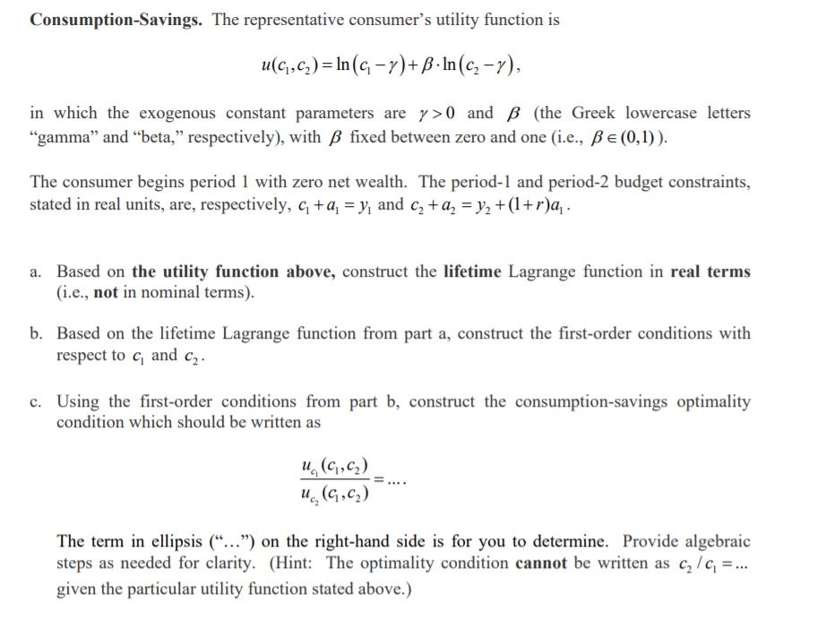 Solved Consumption-Savings. The representative consumer's | Chegg.com