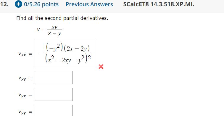 Solved 12. + 0/5.26 points Previous Answers SCalcET8 | Chegg.com