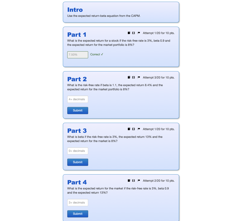 Solved Intro Use the expected return-beta equation from the | Chegg.com