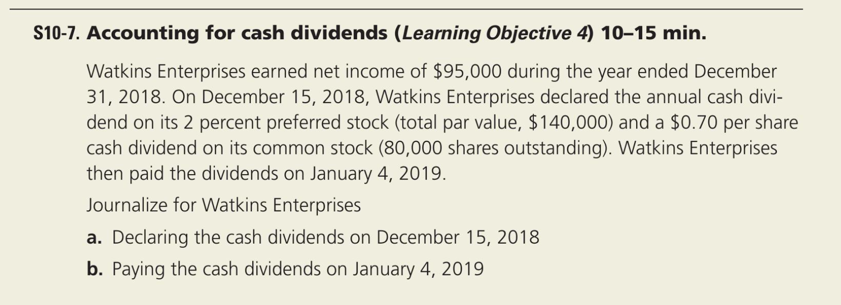 Solved S10-7. Accounting for cash dividends (Learning | Chegg.com