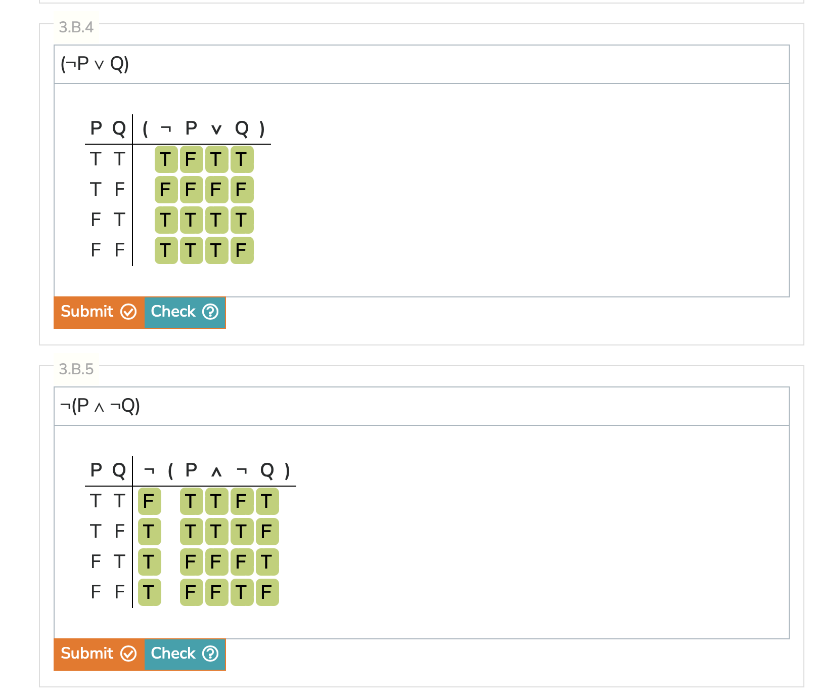 Solved 3.B. 4 (¬P∨Q) Submit ( Check ( 3.B.5 | Chegg.com