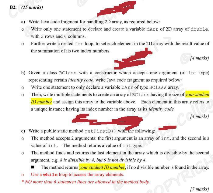 Solved B2. (15 marks) a) Write Java code fragment for | Chegg.com