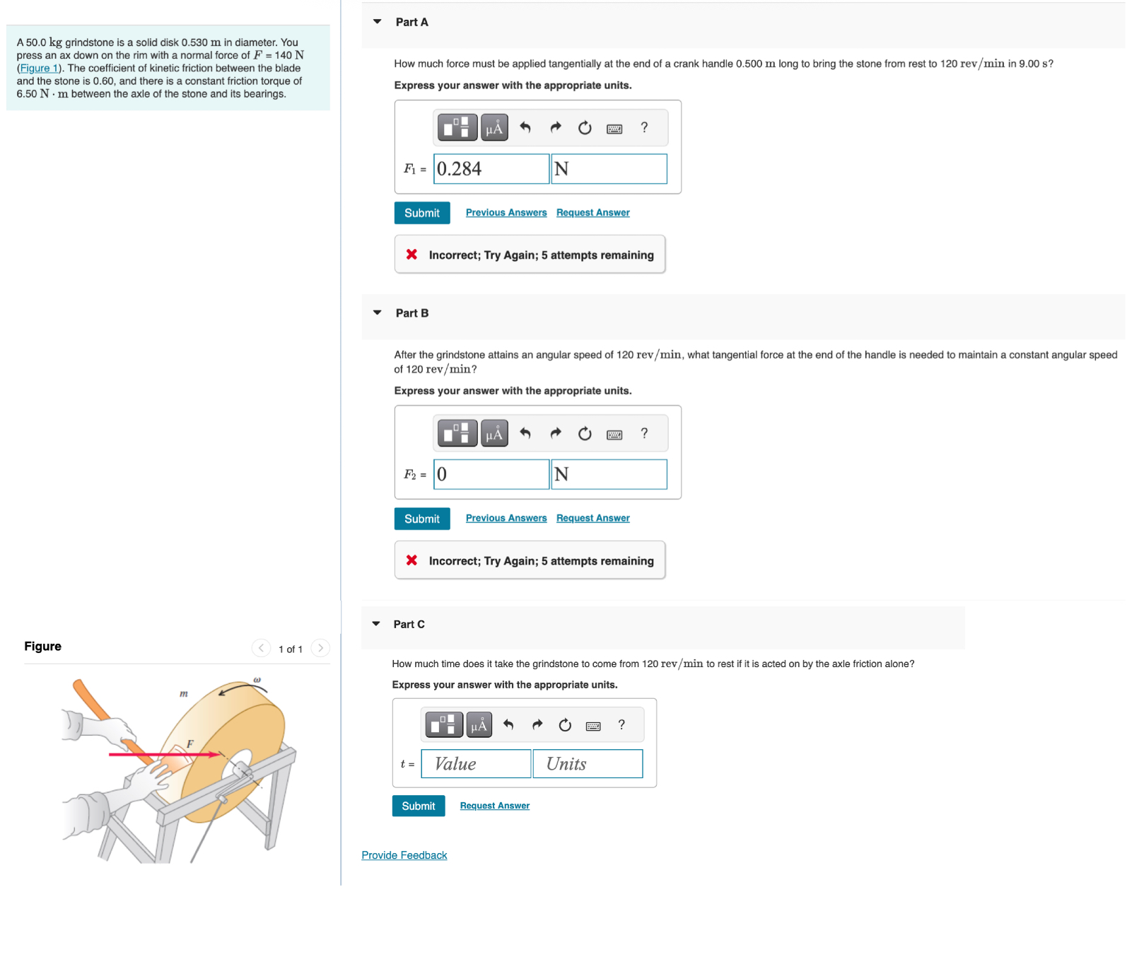 Solved Part A A 50.0 ﻿kg grindstone is a solid disk 0.530 ﻿m | Chegg.com