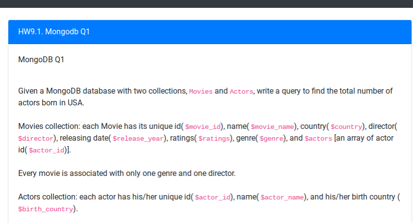 Solved HW9.1. Mongodb Q1 MongoDB Q1 Given a MongoDB database | Chegg.com