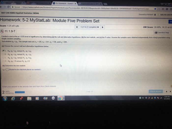 Solved Homework 5 2 Mystatlab Module Five Problem Set Mn
