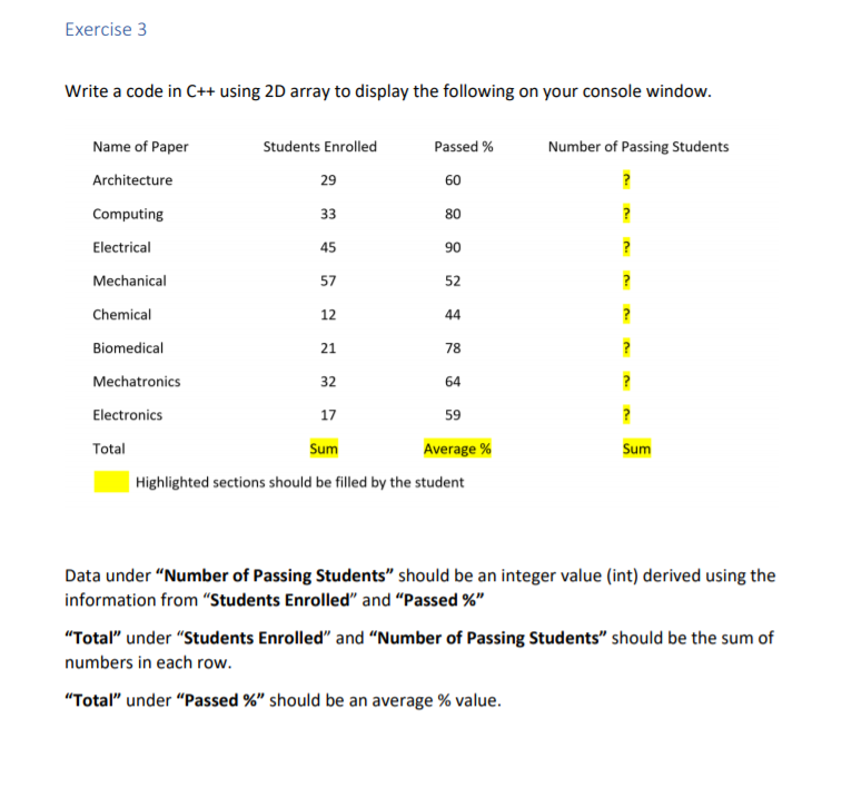 Solved Exercise 3 Write a code in C++ using 2D array to | Chegg.com