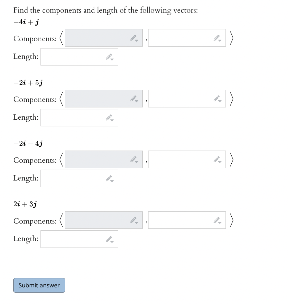 Solved −4i+j Components: Length: −2i+5j Components: Length: | Chegg.com