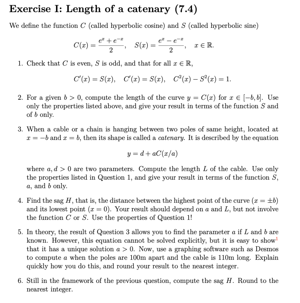 Solved Exercise I: Length of a catenary (7.4) We define the | Chegg.com
