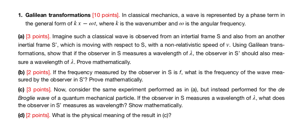 Solved 1. Galilean transformations (10 points). In classical | Chegg.com