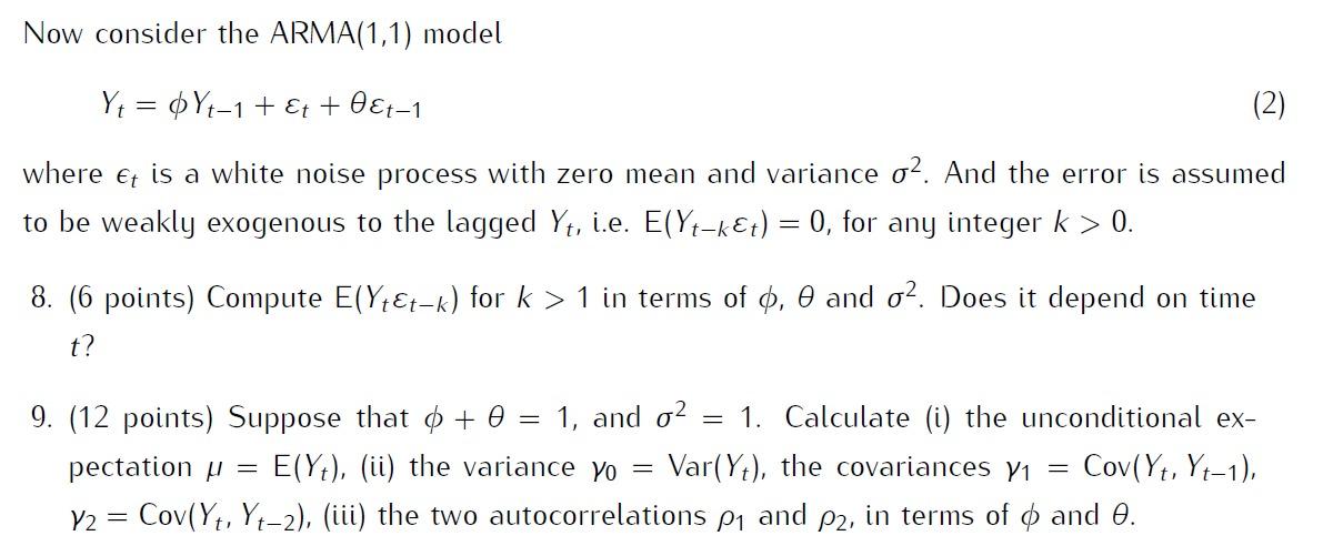 Now consider the ARMA(1,1) model Yt = 0Y+-1 + Et + | Chegg.com