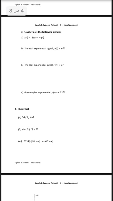Solved Signals & Systems Tutorial(class Worksheet) 1. Plot | Chegg.com