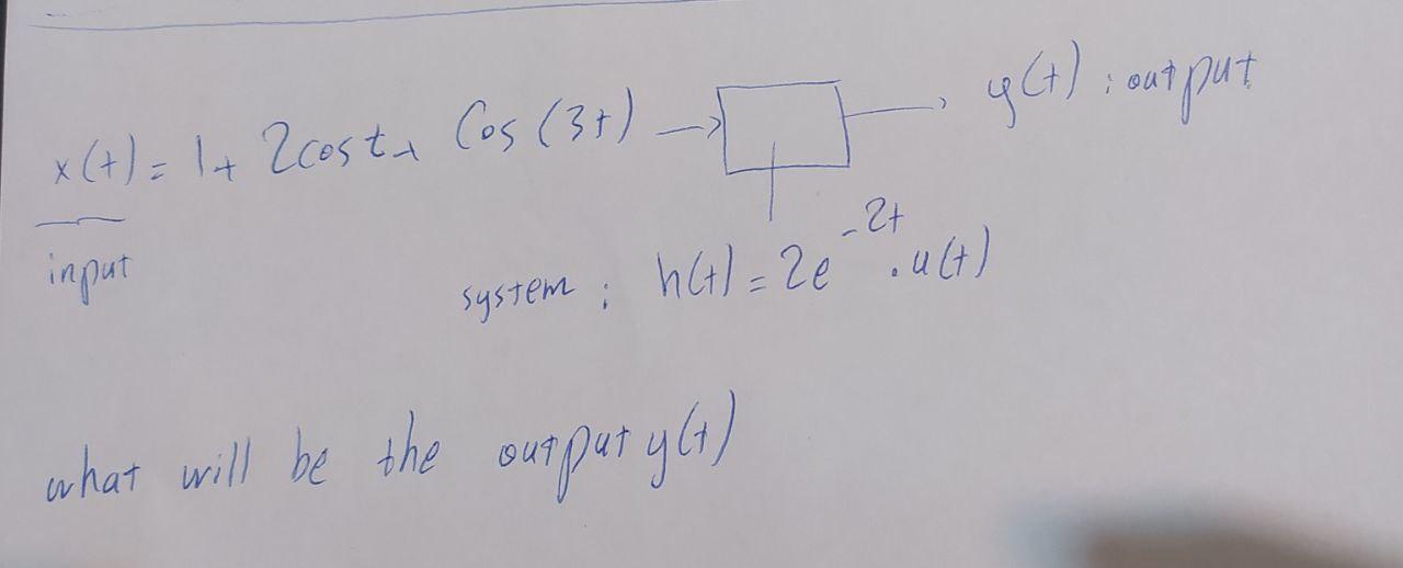 Solved input x(t)=1+2cost+cos(3t)→y, y(t): output system: | Chegg.com