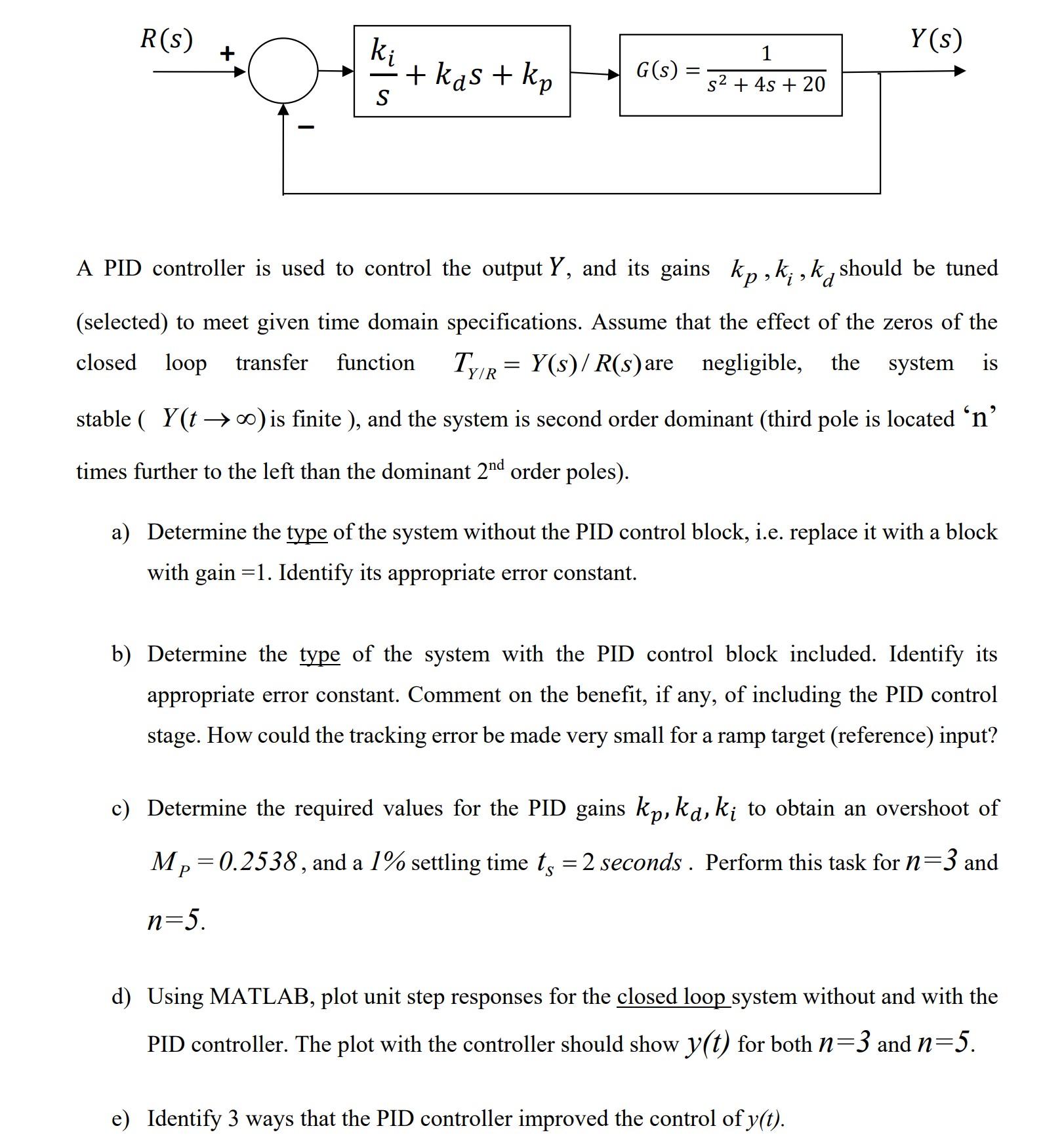 Solved R(S) ki Y(s) + kas + kp G(s) = 1 52 + 4s + 20 S A PID | Chegg.com