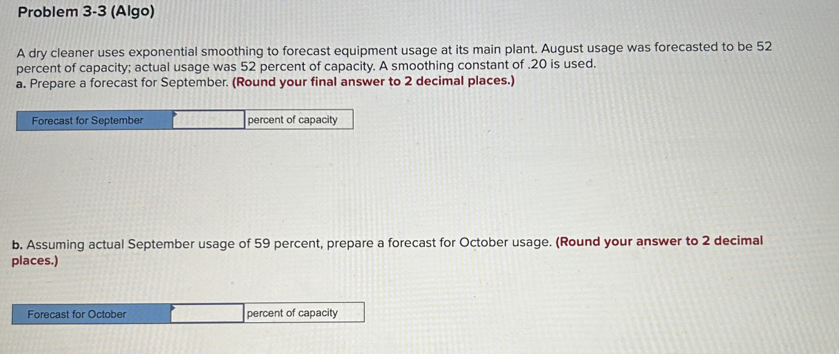 Solved A dry cleaner uses exponential smoothing to forecast | Chegg.com