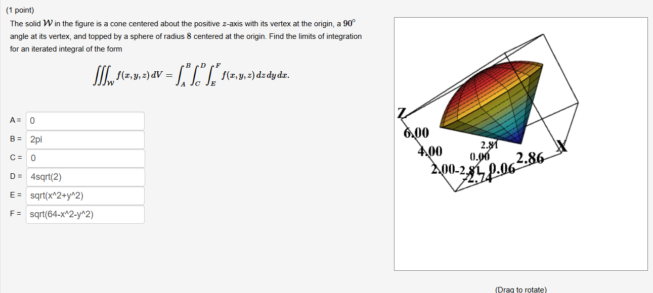 Solved (1 ﻿point)The solid W in the figure is a cone | Chegg.com