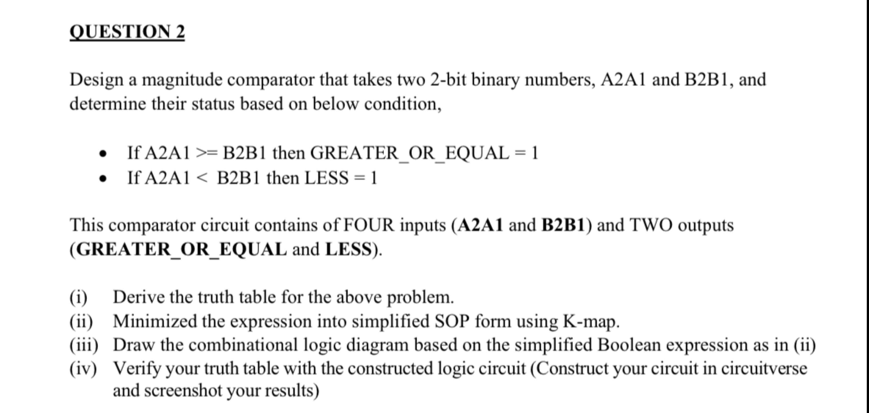 Solved QUESTION 2Design a magnitude comparator that takes | Chegg.com