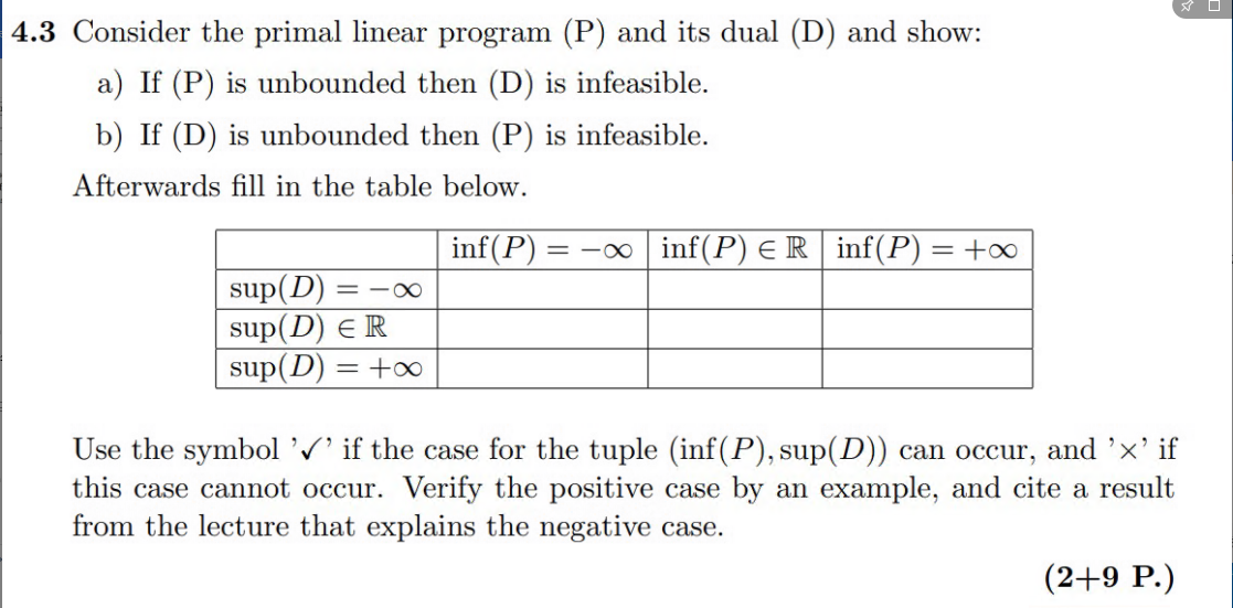 Solved 4.3 Consider the primal linear program (P) and its | Chegg.com