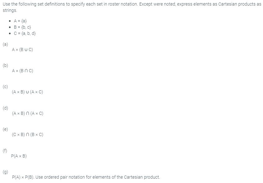 Solved Use the following set definitions to specify each set | Chegg.com