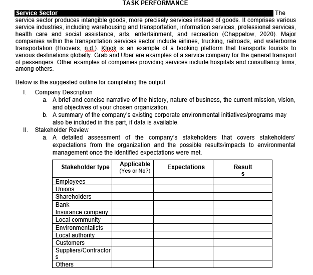 TASK PERFORMANCE Service Sector The service sector | Chegg.com