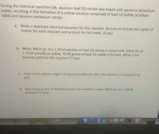 Solved During the chemical reactions lab, aqueous lead (II) | Chegg.com