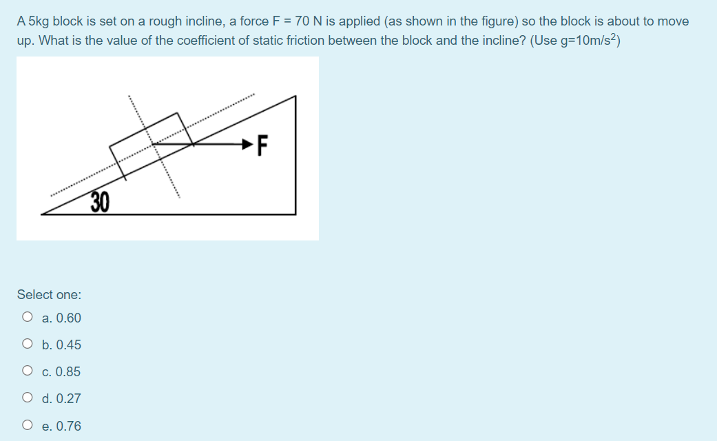 Solved A 5kg block is set on a rough incline, a force F = 70 | Chegg.com