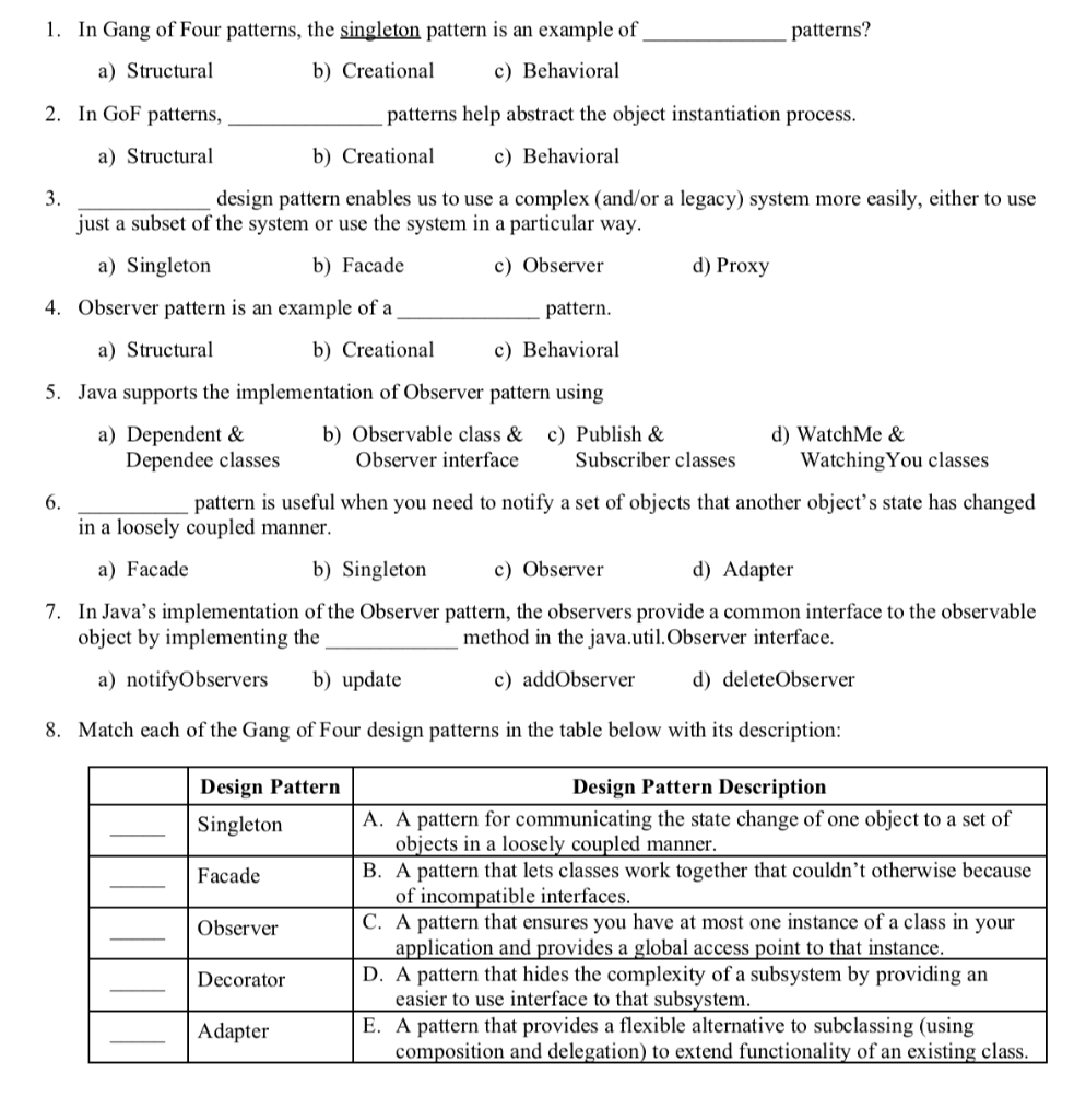 Solved 1. In Gang of Four patterns, the singleton pattern is | Chegg.com