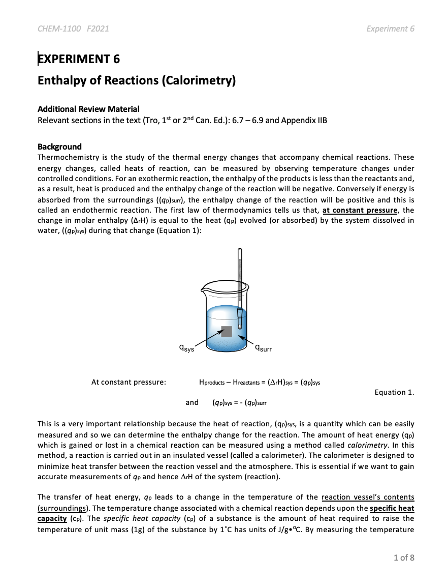 Solved CHEM-1100 F2021 Experiment 6 EXPERIMENT 6 Enthalpy of | Chegg.com