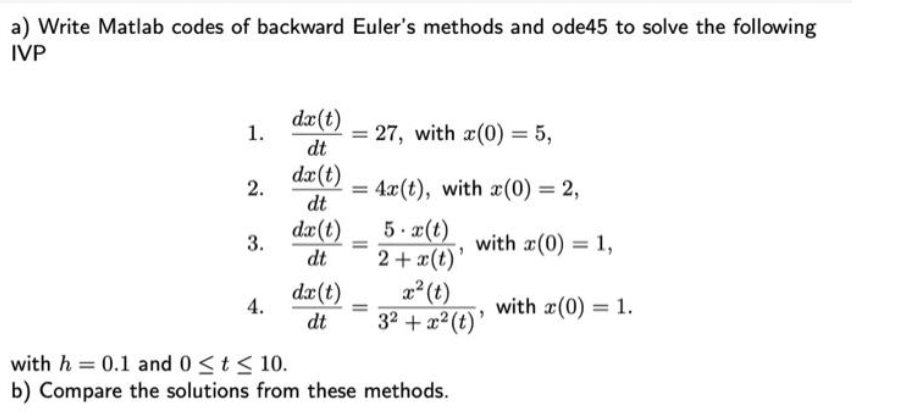 Solved a) Write Matlab codes of backward Euler's methods and | Chegg.com