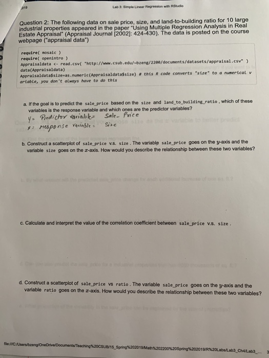 Solved Lab 3 Simple Linear Regression with RSudio Question | Chegg.com