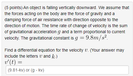 Solved (5 points) An object is falling vertically downward. | Chegg.com