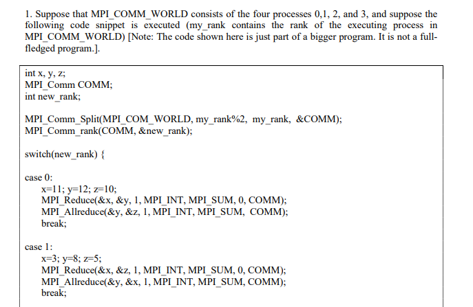 1. Suppose that MPI COMM WORLD consists of the four | Chegg.com