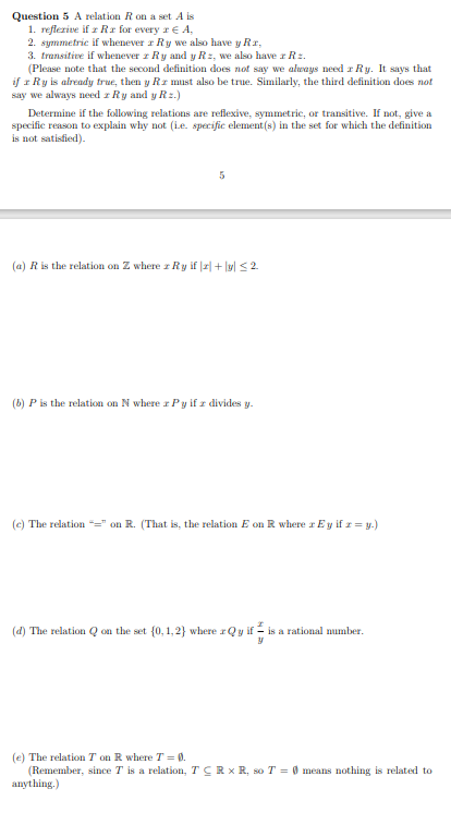 Solved by an EXPERT Question 5 ﻿A relation R on ﻿a set A isreflerive | Chegg.com