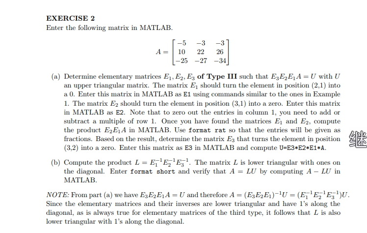 Solved EXERCISE 2 Enter the following matrix in MATLAB. [ -5 | Chegg.com