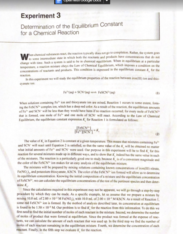 Solved Experiment 3 Determination of the Equilibrium | Chegg.com
