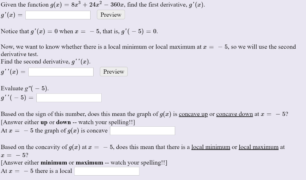 Solved Given the function g() = 8x3 + 24.x² – 360x, find the | Chegg.com